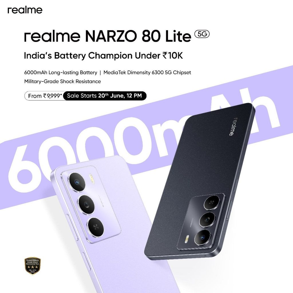 realme NARZO 80 Lite 5G with 6.67″ 120Hz display, Military-Grade durability, 6000mAh battery ...